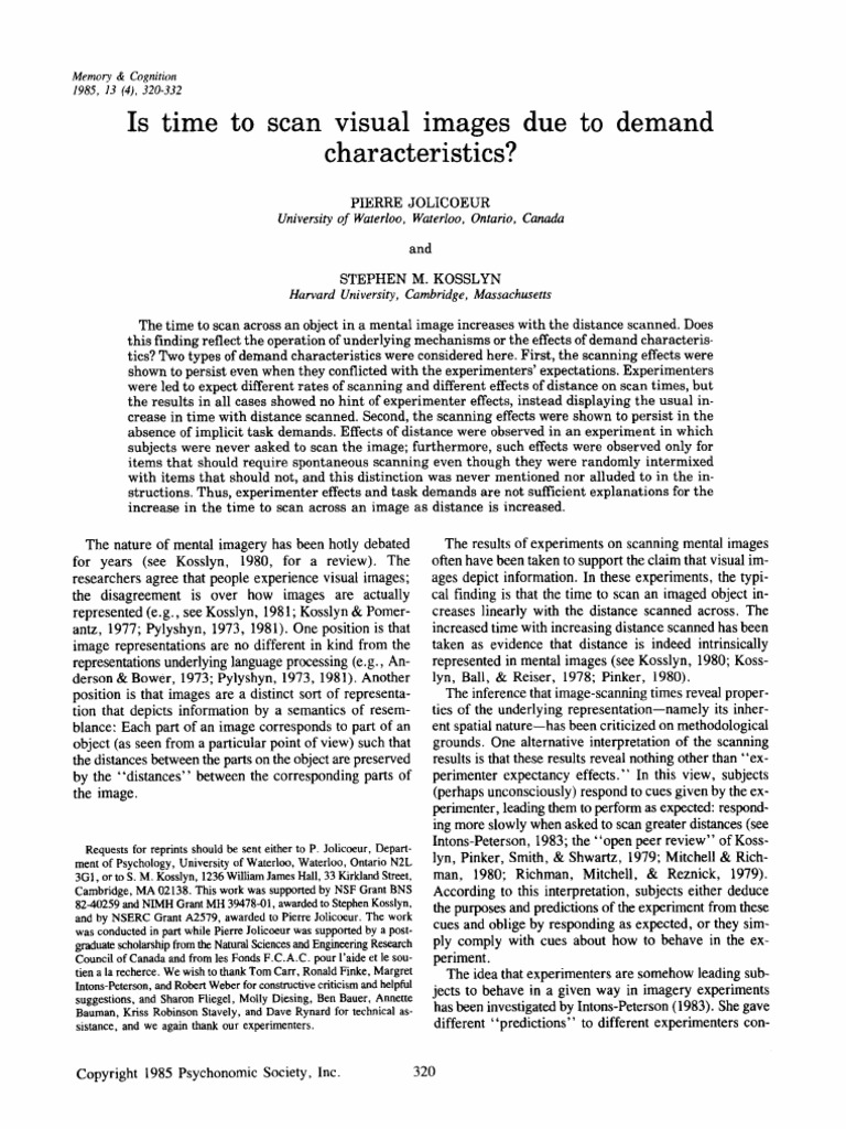 Jolicoeur and Kosslyn 1985 Is Time To Scan Visual Images Due To Demand ...