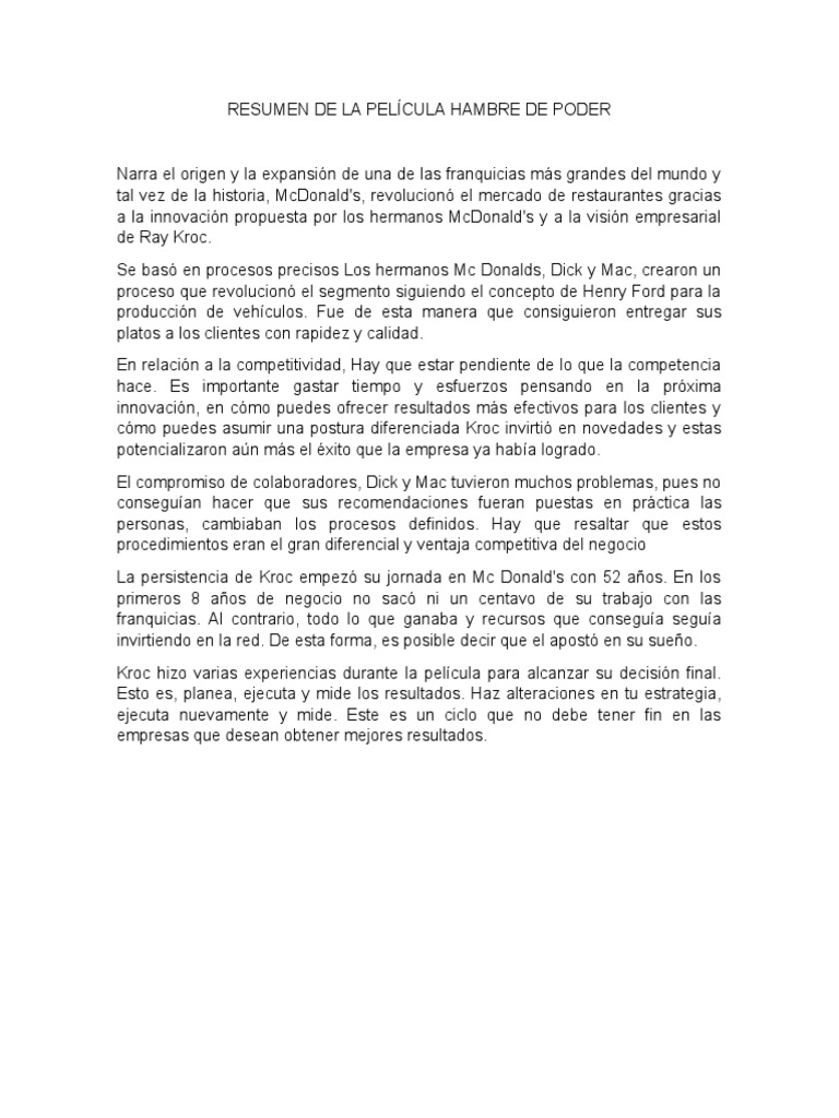 Resumen de la película "Hambre de Poder" | PDF
