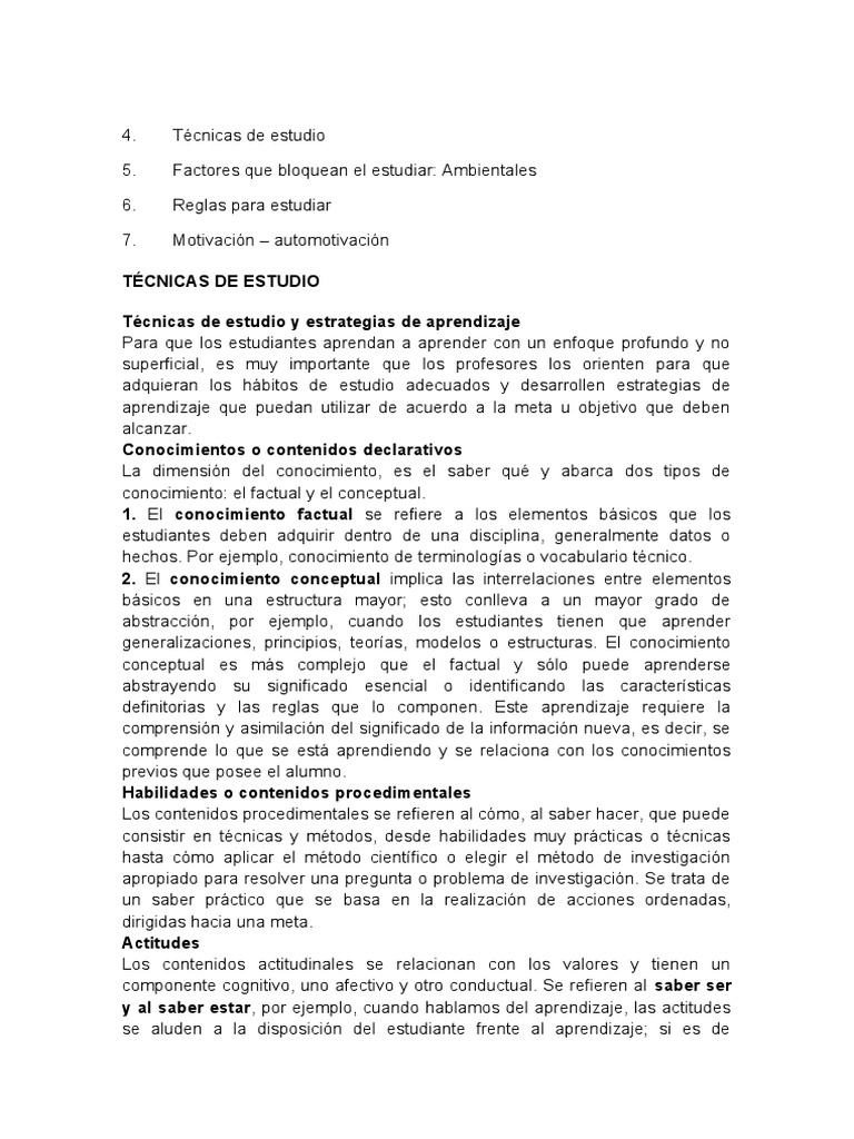 Técnicas de estudio y aprendizaje | PDF | Aprendizaje | Pensamiento