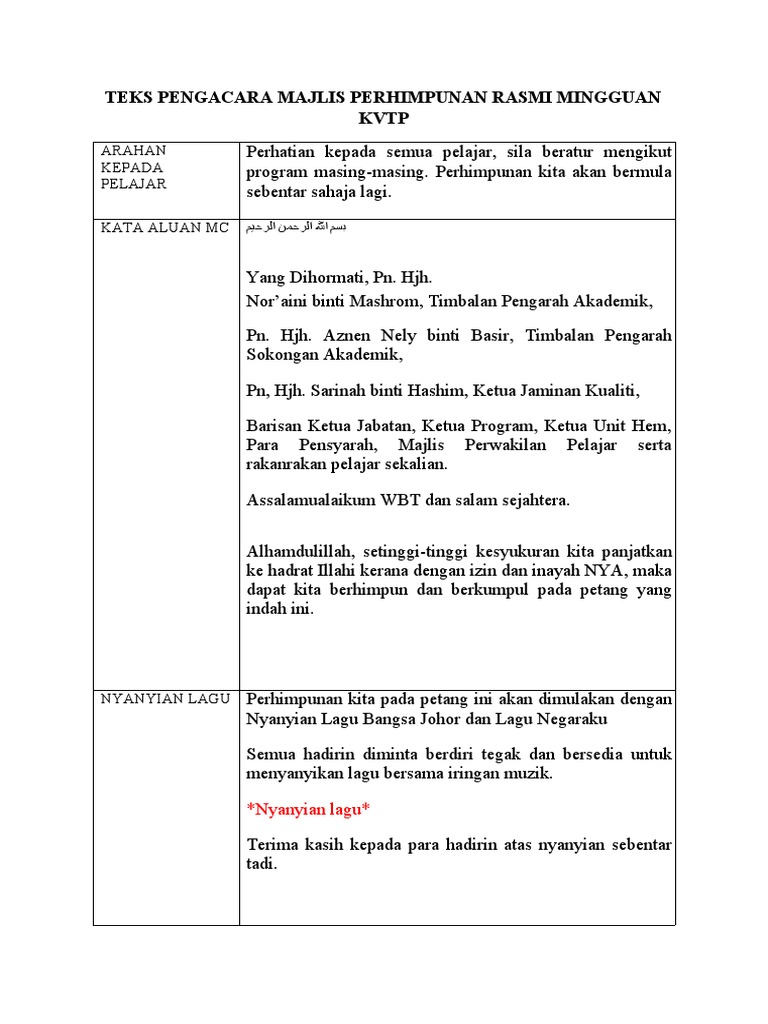 Teks Pengacara Majlis Perhimpunan Rasmi Mingguan | PDF