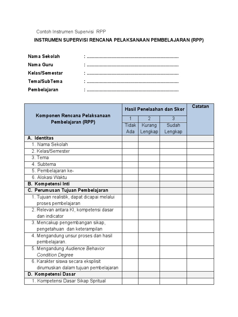 Instrumen Supervisi RPP dan Pembelajaran | PDF