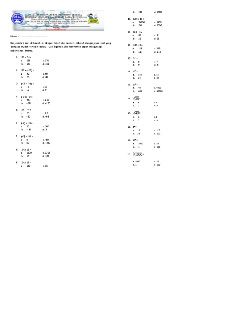 Contoh Soal Operasi Hitung Matematika | PDF