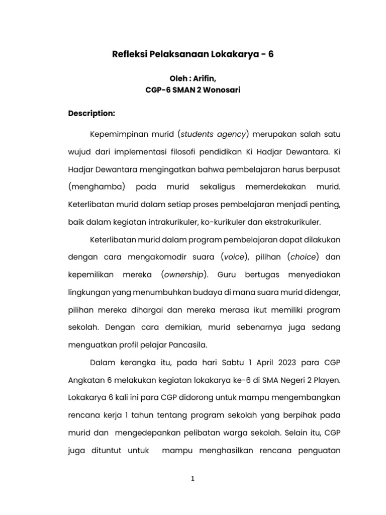 Refleksi Pelaksanaan Lokakarya - 6: Oleh: Arifin, CGP-6 SMAN 2 Wonosari Description | PDF ...