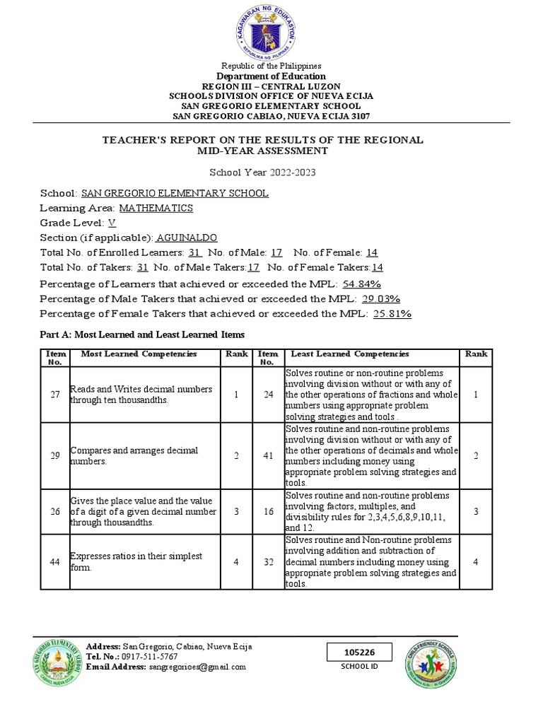 Sample Teachers Report Rma Math5 | Download Free PDF | Multiplication ...