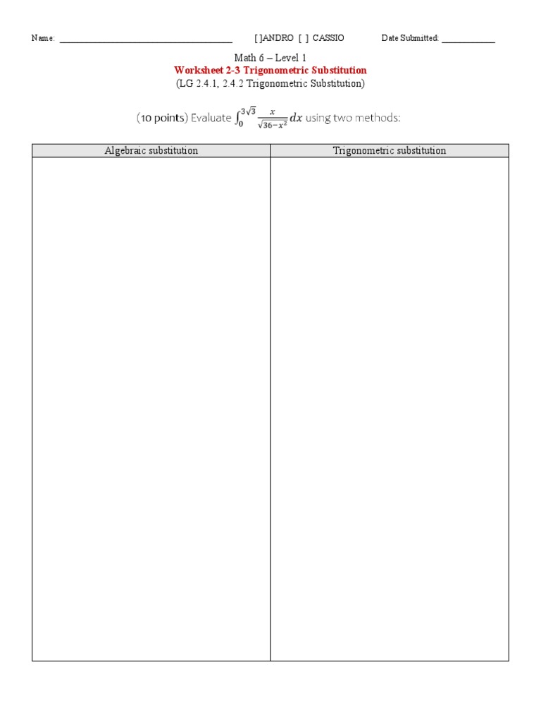 Worksheet 2-3 Trigonometric Substitution (1) G | PDF