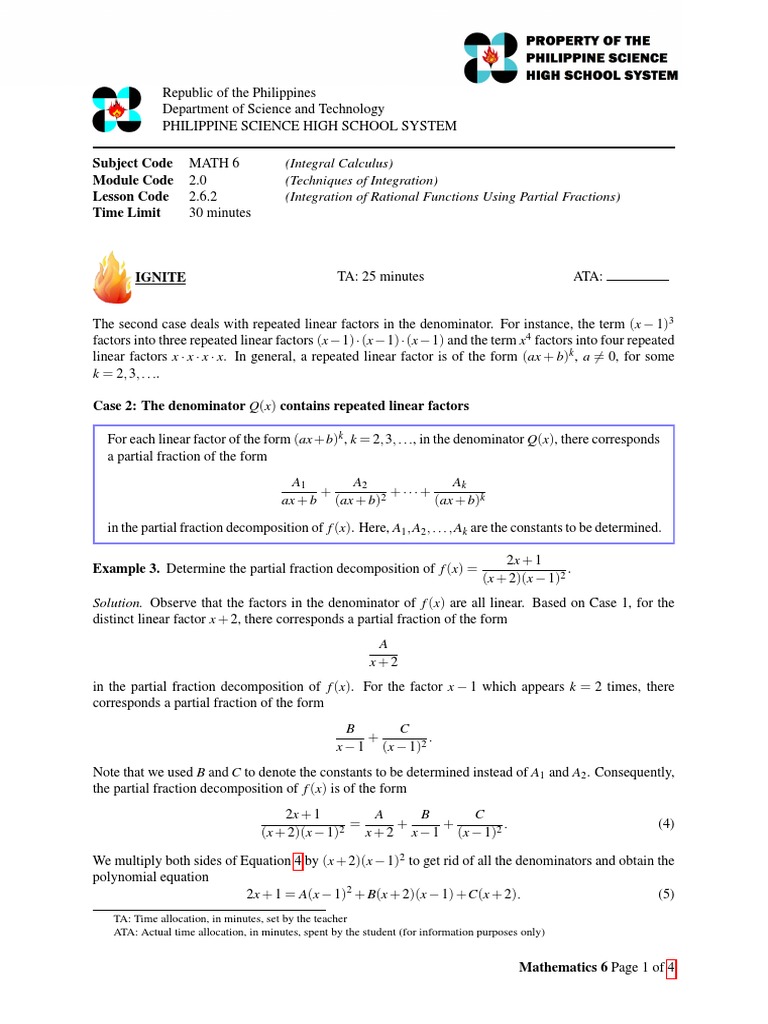 SLG Math6 2.6.2 Integration of Rational Functions Using Partial Fractions Part 2 | PDF ...