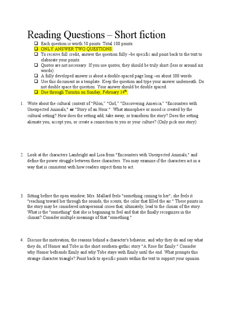 Short Fiction Reading Questions | PDF