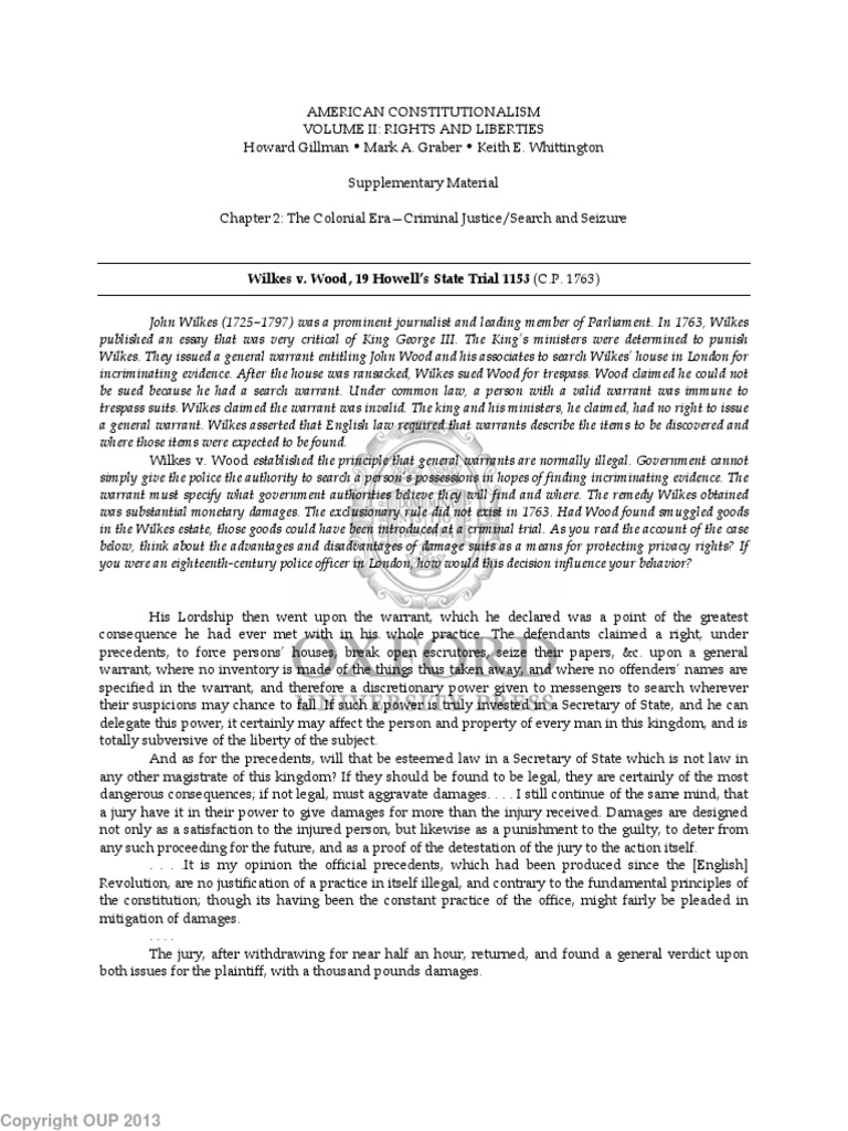 Wilkes Vs Wood 1763 | PDF | Search Warrant | Damages
