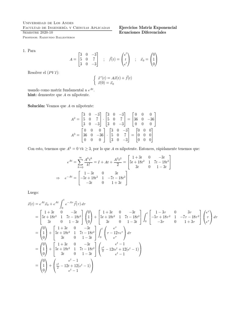 Ejercicios Matriz Exponencial | PDF | Valores propios y vectores ...