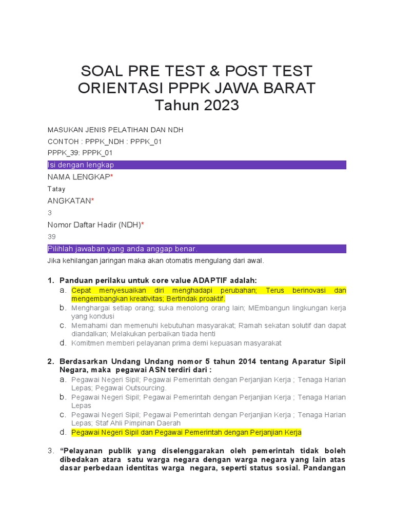 Soal Pre Test & Post Test Orientasi PPPK Jawa Barat Tahun 2023 | PDF