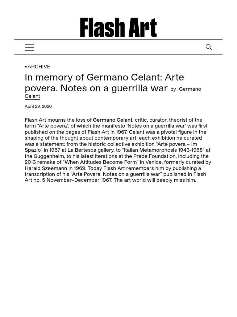 In Memory of Germano Celant - Arte Povera. Notes On A Guerrilla War ...