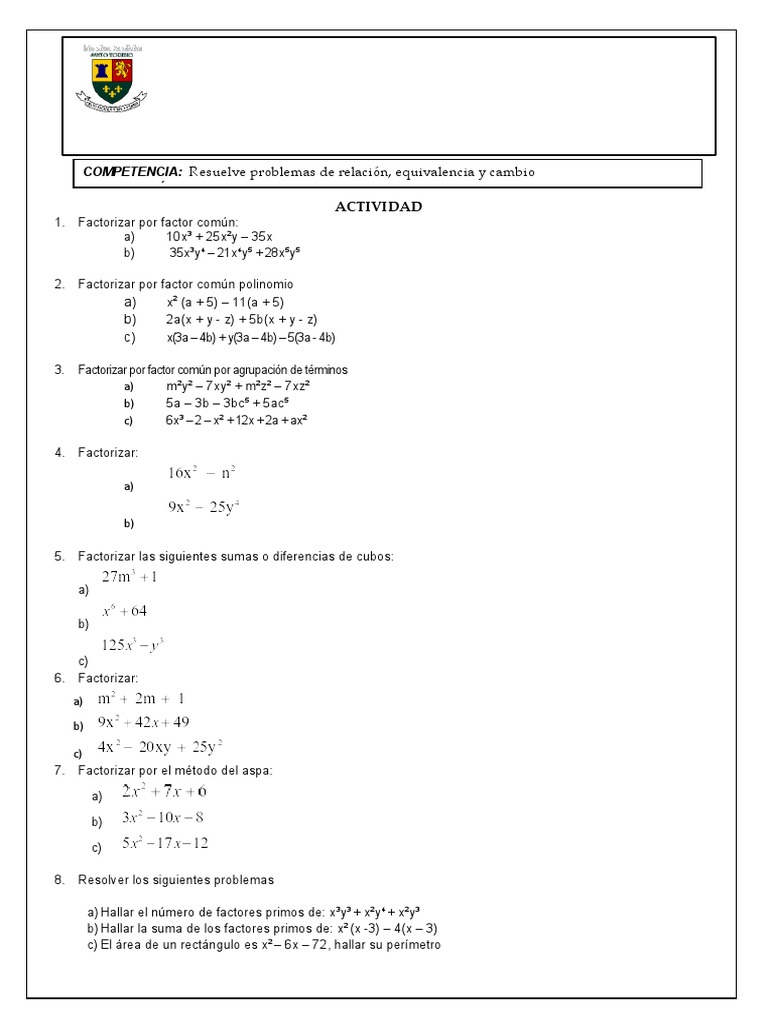 Hoja De Trabajo De Factorización Usando Mcf En Formato Pdf 50+