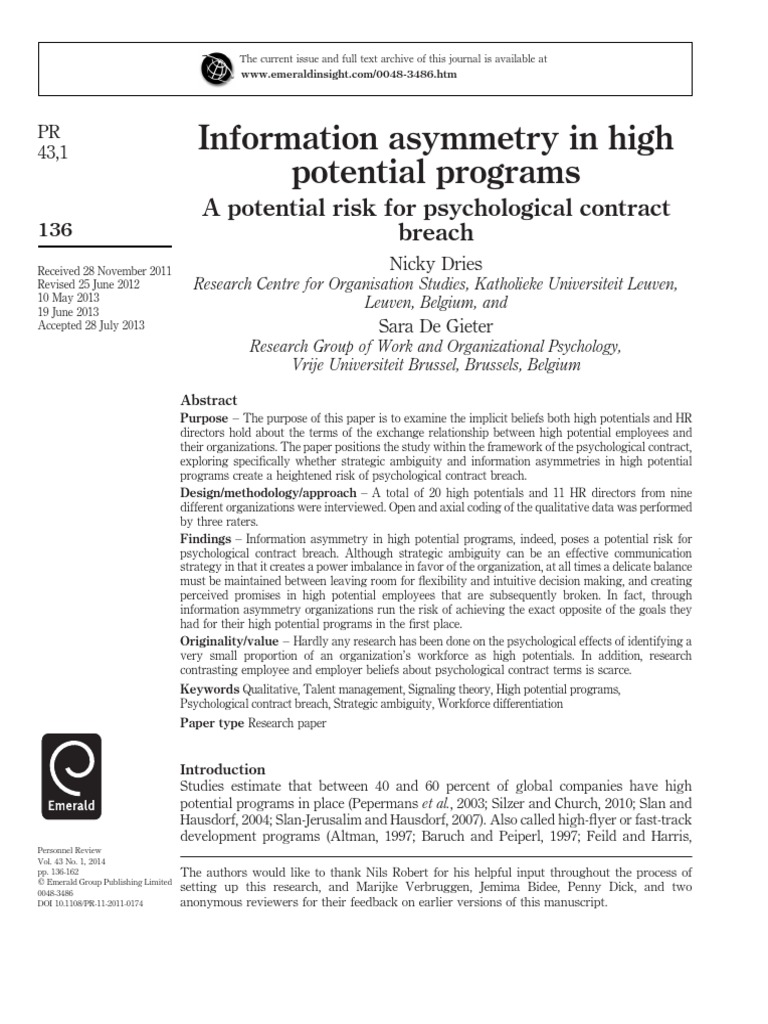 Dries - Information Asymmetry in High Potential Programs | PDF ...