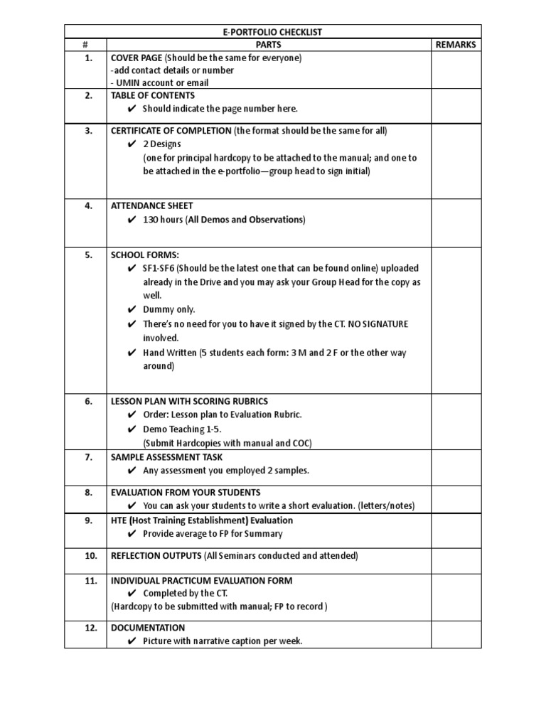 E-Portfolio Review Checklist Guide | PDF