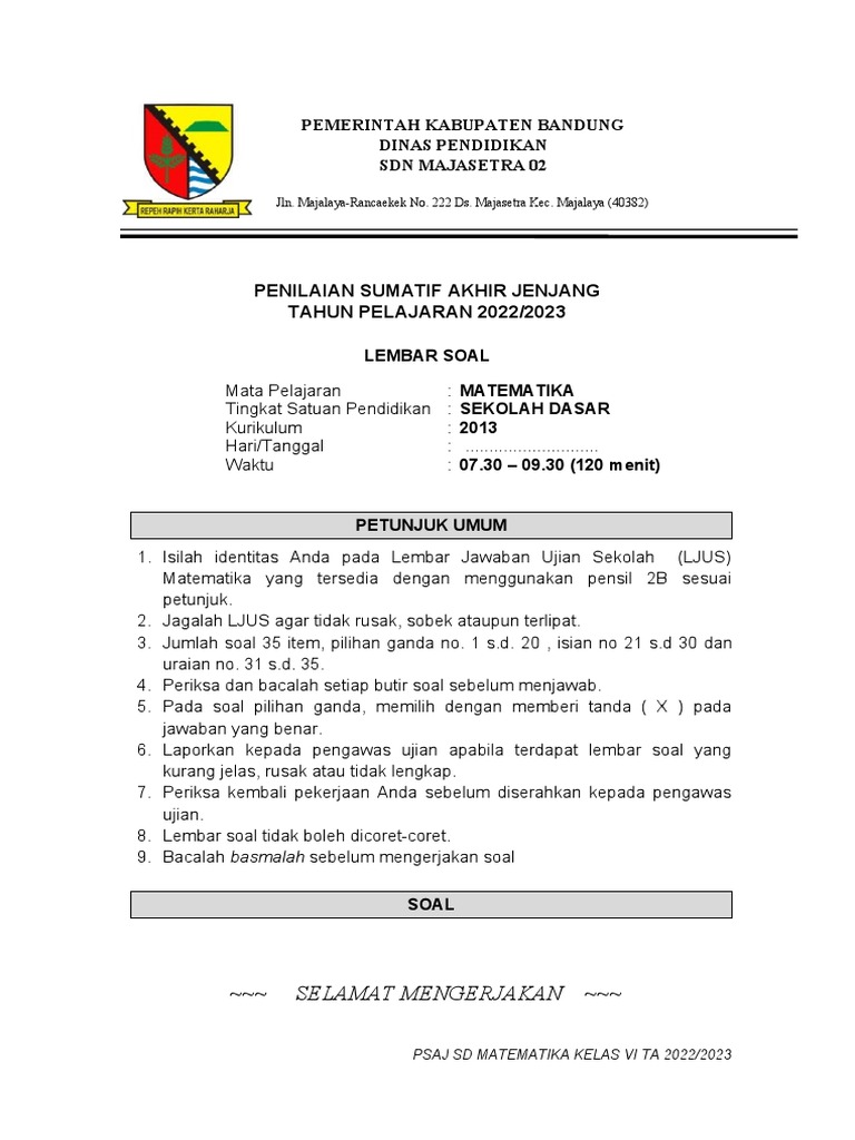 Maser Soal Psaj Matematika Kelas Vi Ta 2022-2023 | PDF