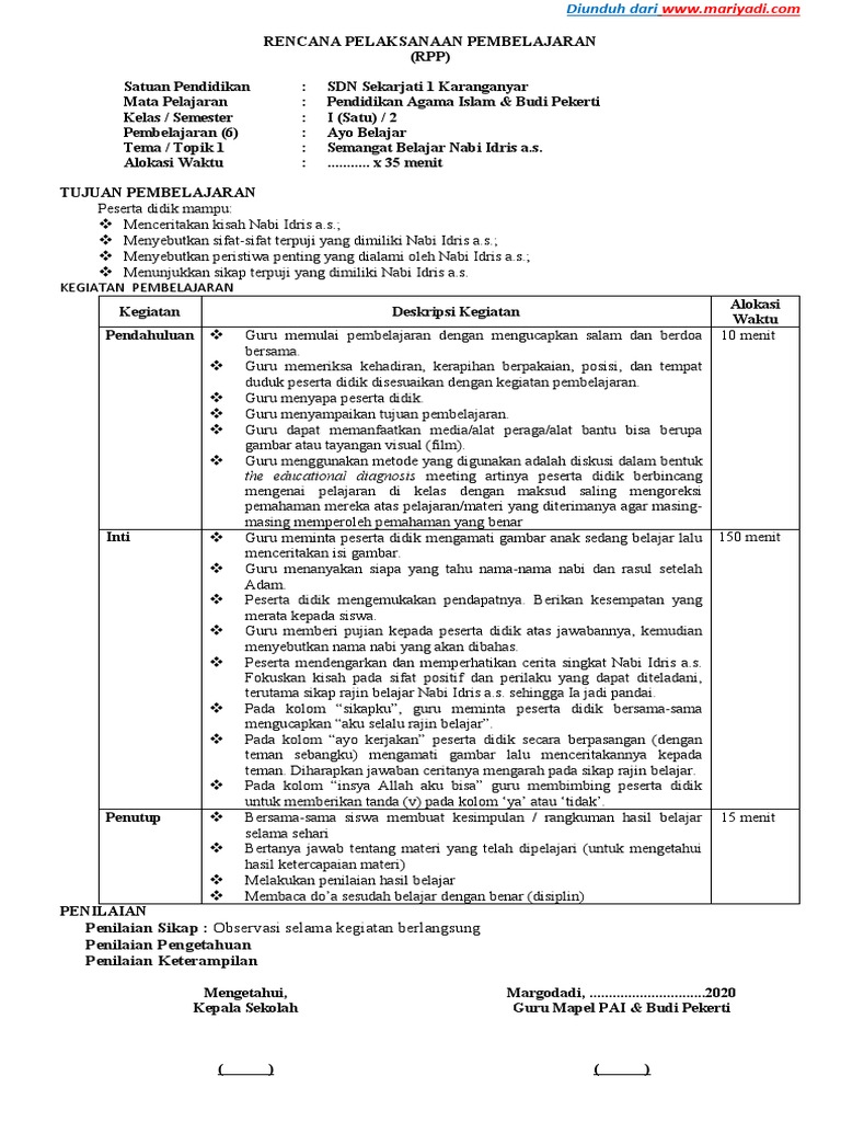 RPP SD Pai 1 Lembar Kelas 1 | PDF