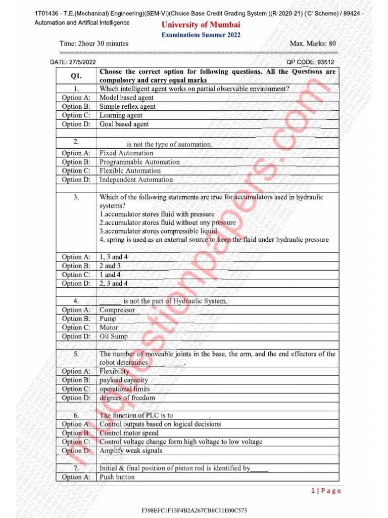 Be - Mechanical Engineering - Semester 6 - 2022 - May - Automation and Artificial ...