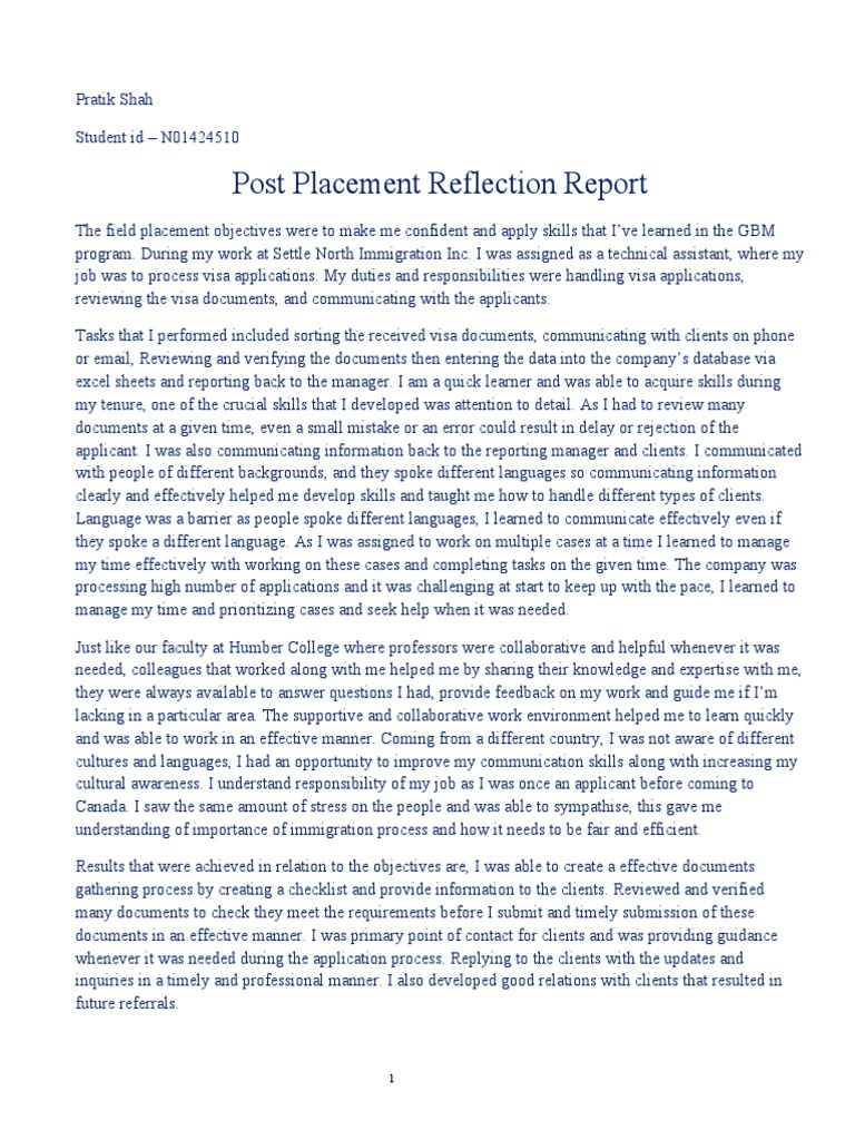 Pratik Shah Student Reflection Post Placement Package | PDF ...