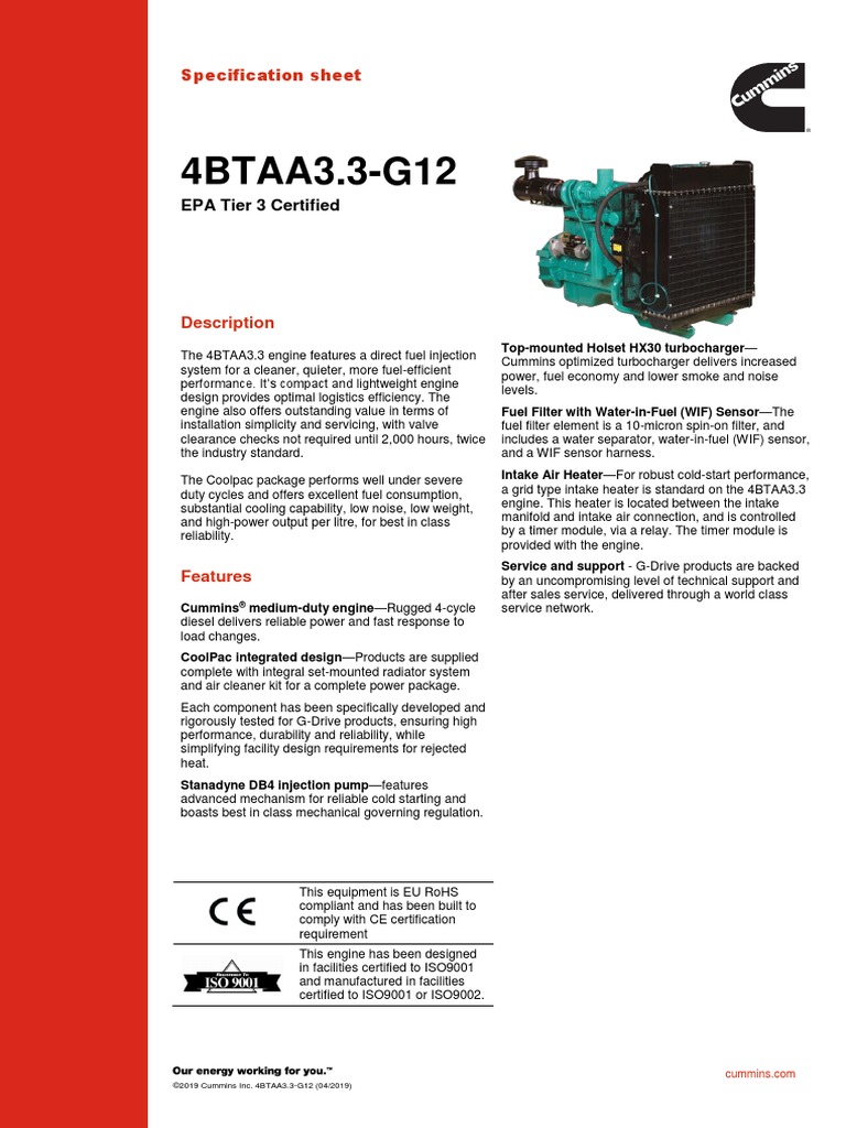 4BTAA3.3-G12: EPA Tier 3 Certified | PDF | Horsepower | Diesel Engine