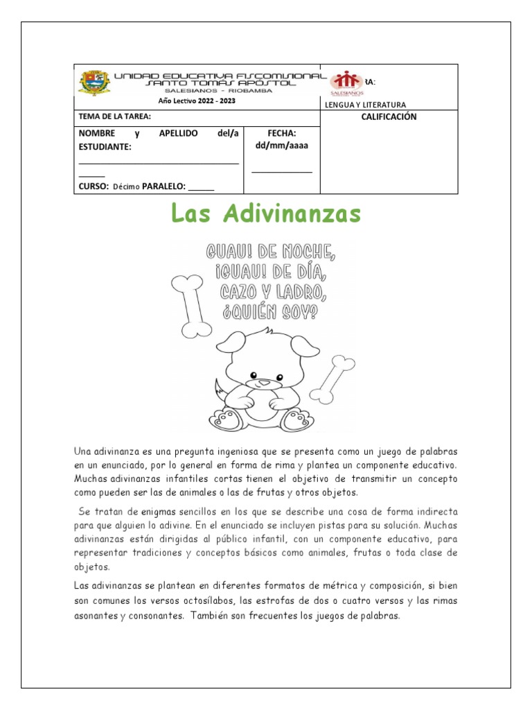 Las Adivinanzas: Calificación Nombre Y Apellido Del/A Estudiante: Fecha ...