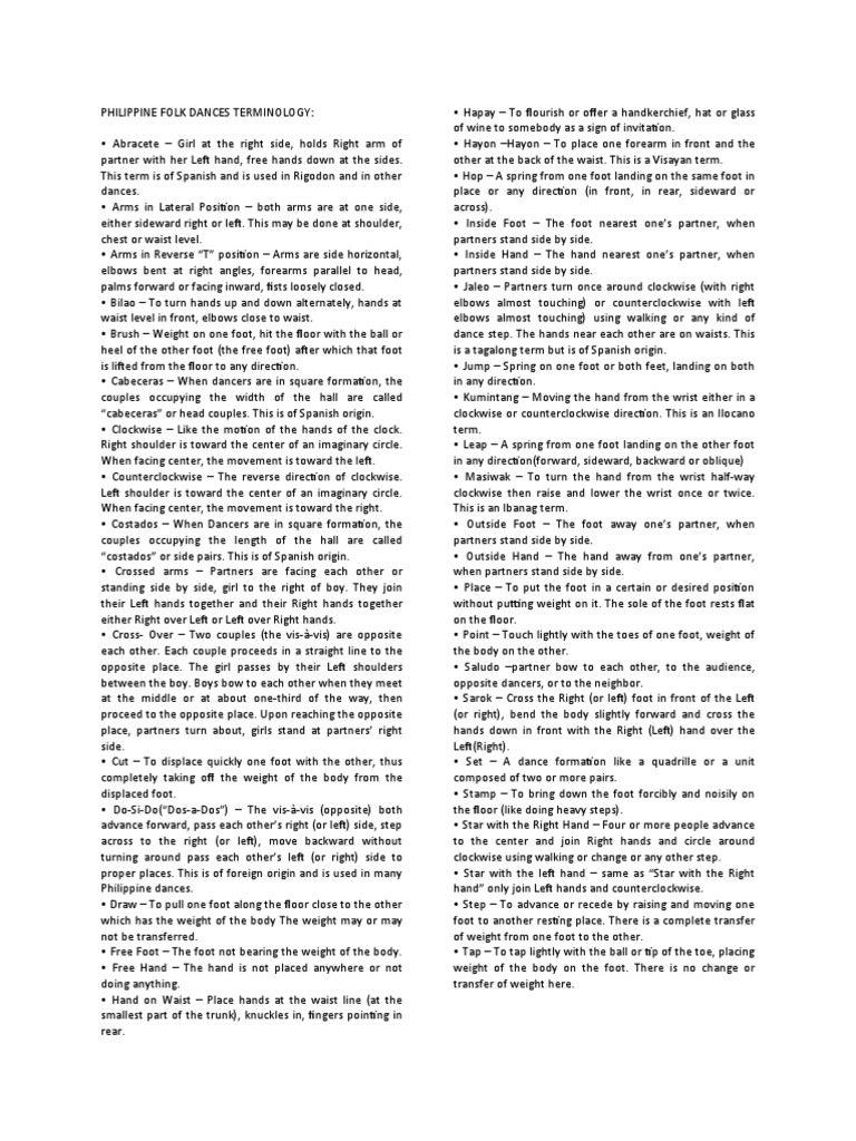 Philippine Folk Dance Terminology | PDF | Foot | Elbow
