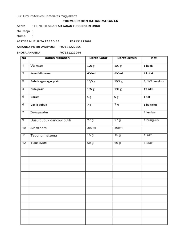 BON BAHAN PUDING UBI UNGU STR GIZI TINGKAT 1 | PDF