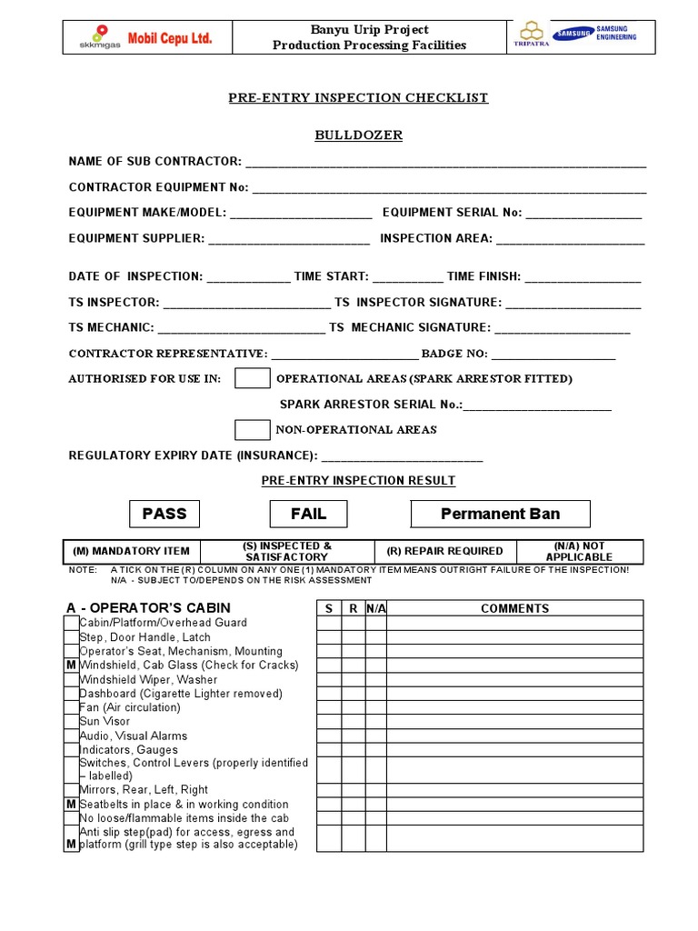 Bulldozer Inspection Checklists | PDF | Vehicle Technology | Equipment