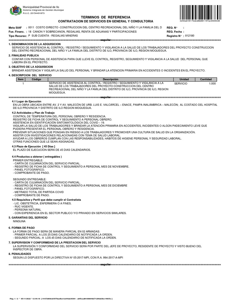 Ejemplo de TDR Servicio Personal | PDF | Seguridad y salud ocupacional