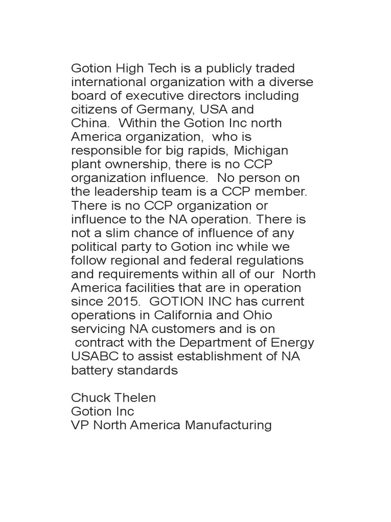 Gotion Inc: Independent NA Operations | PDF | Business