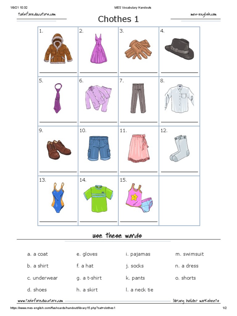 Kids' Clothes Vocabulary Handout | PDF