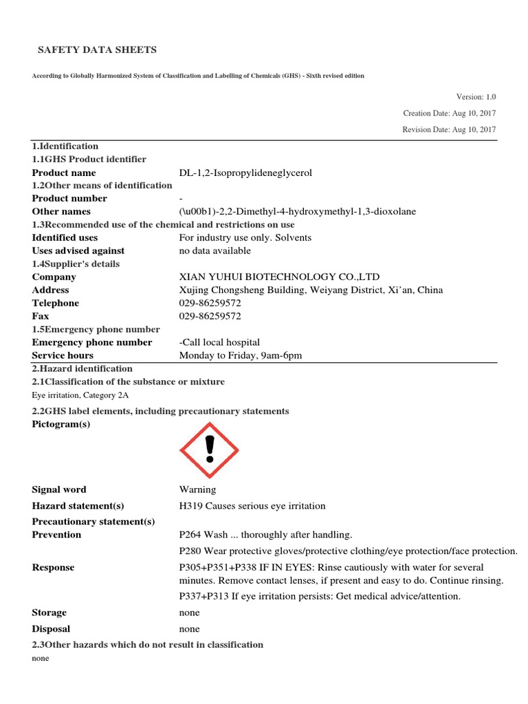 DL-1,2-Isopropylideneglycerol MSDS | PDF | Personal Protective ...