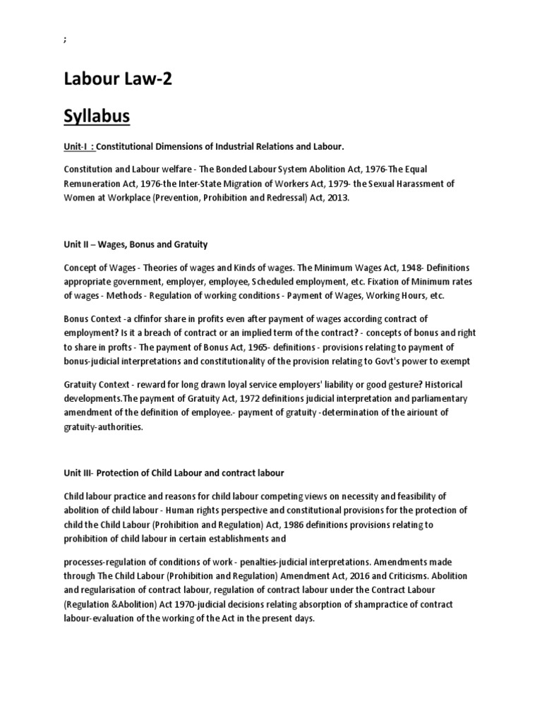 Labour Law II Syllabus and Key Topics | PDF | Labour Law | Employment