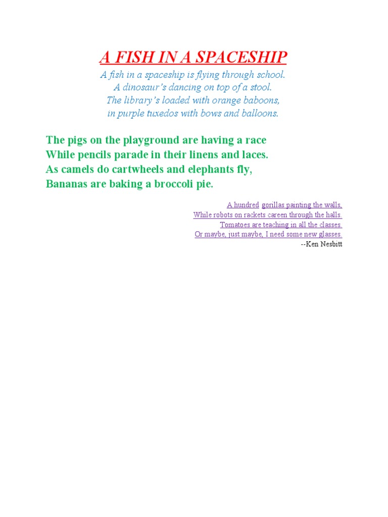 A Fish in a Spaceship: An Absurd Poem About Animals in Unusual Places | PDF