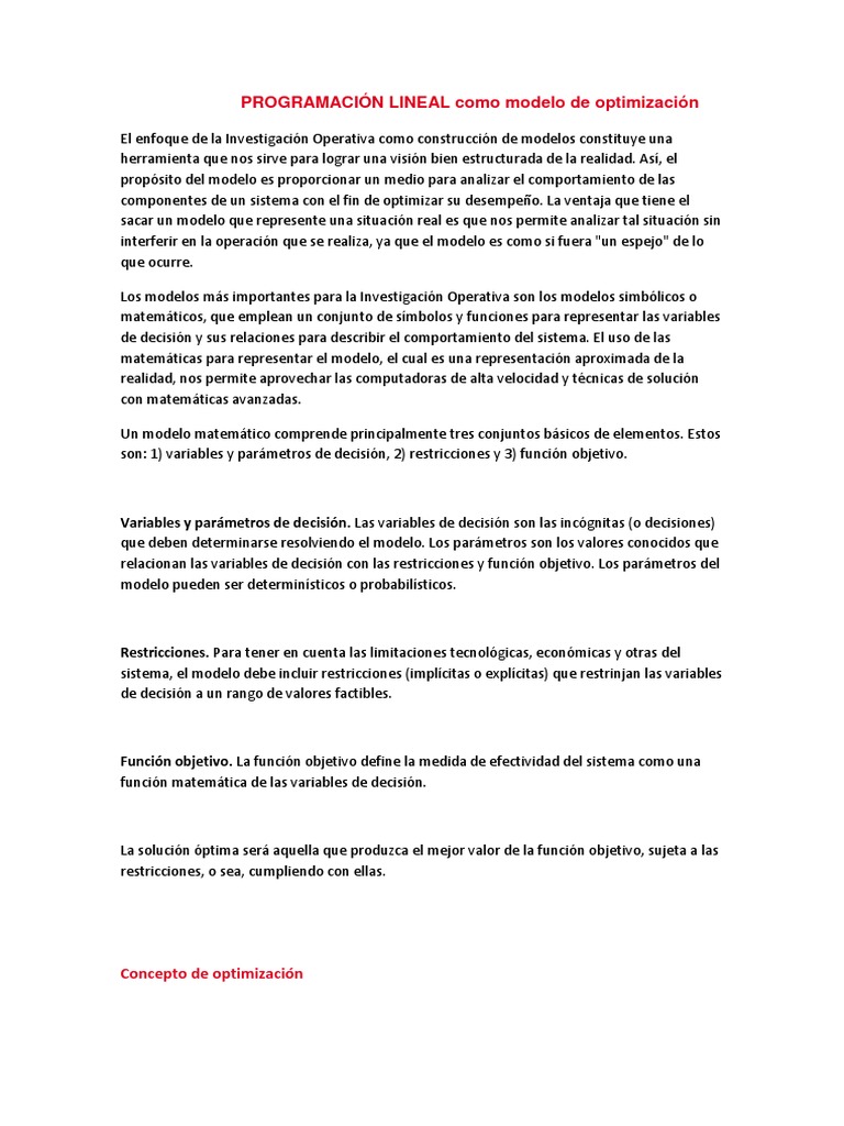 PROGRAMACIÓN LINEAL Como Modelo de Optimización | PDF | Programación lineal | Optimización ...