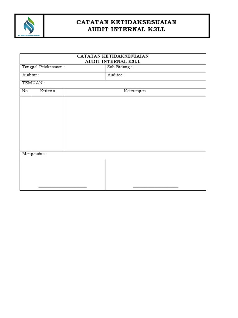 Catatan Ketidaksesuaian Audit Internal SMK3 | PDF