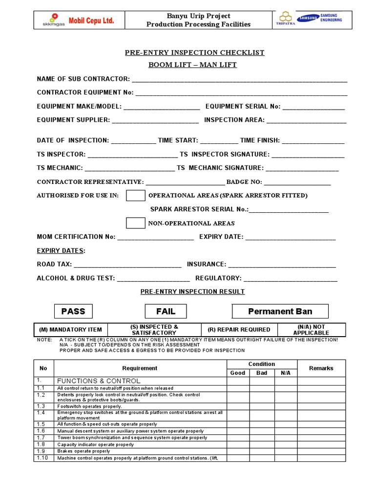 Boom Lift - Man Lift Inspection Checklists | PDF | Elevator | Engines