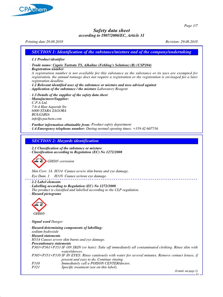 SD - Cupric Tartrate TS, Alkaline (Fehling's Solution) (B) (USP204) (EU ...
