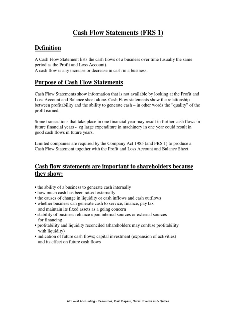 Cash Flow Statements (FRS 1) : A2 Level Accounting - Resources, Past ...