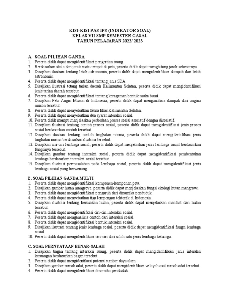 Kisi-Kisi PAS IPS Kelas VII | PDF