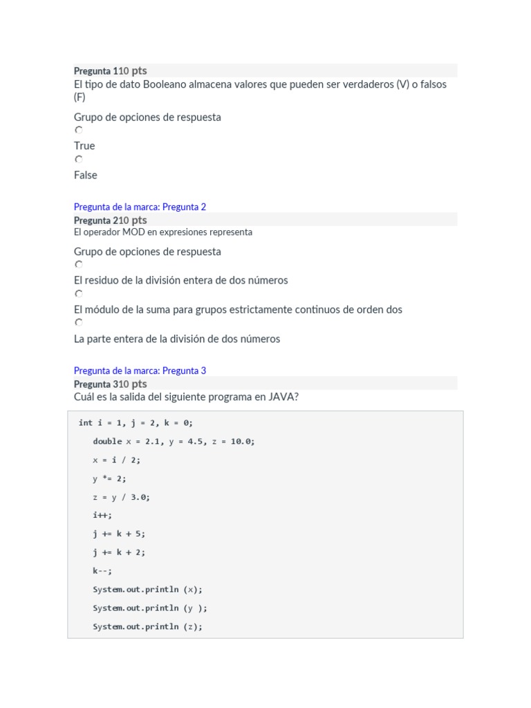 Quiz 1 Semana 2 Primer Intento | PDF | Java (lenguaje de programación) | Lógica matemática