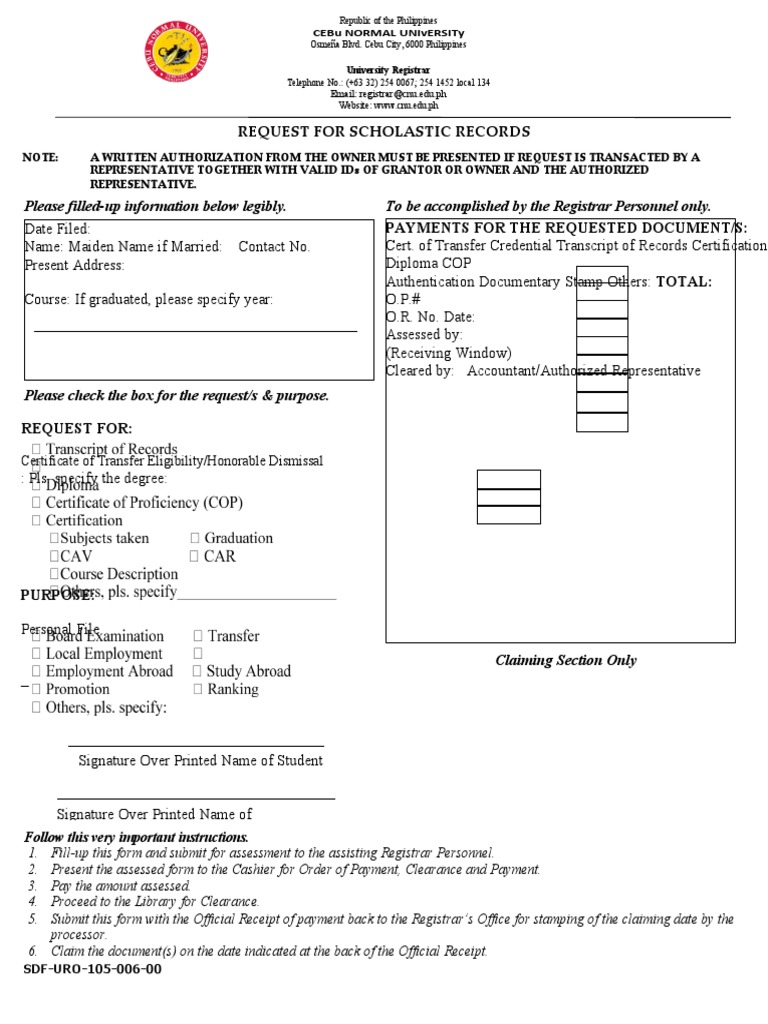 Request Form For Scholastic Records | PDF