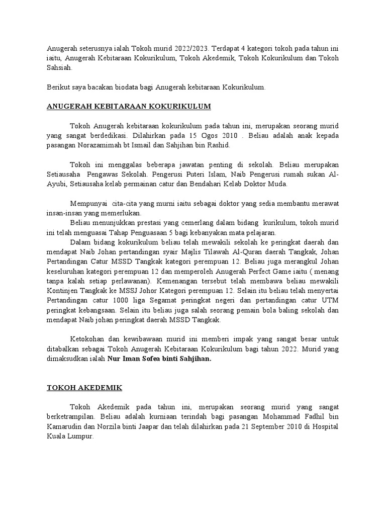 Skrip Anugerah Khas Dan Tokoh Murid | PDF