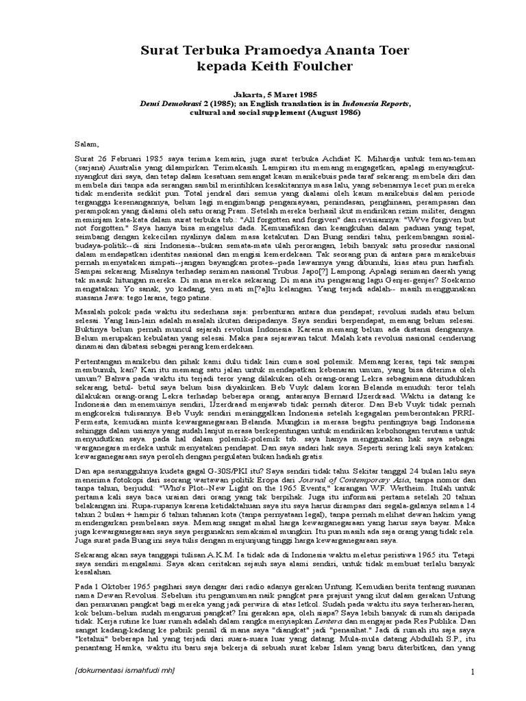 Surat Terbuka Pramoedya Ananta | PDF