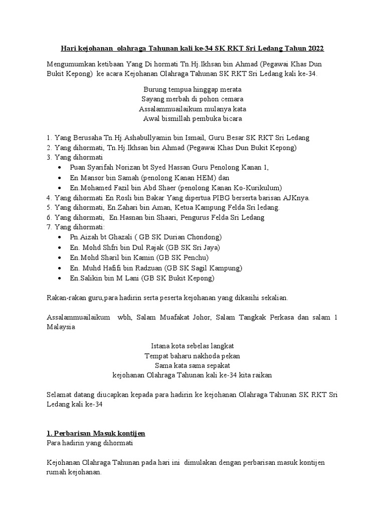 Kejohanan Olahraga SK RKT Sri Ledang 2022 | PDF