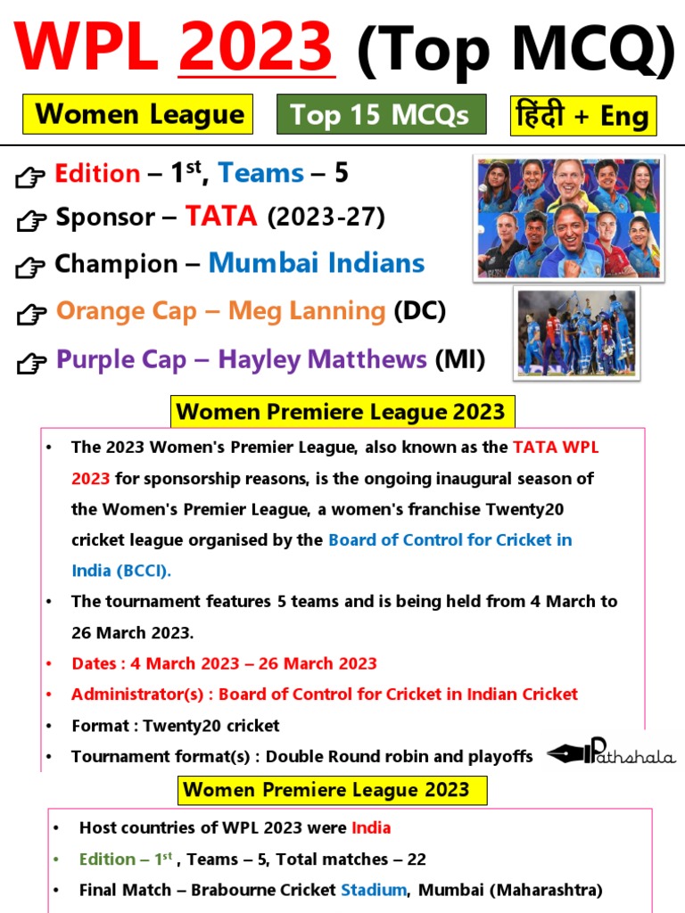 1, - 5 - Women League + Eng: Top 15 Mcqs | PDF | Athletic Sports | Cricket