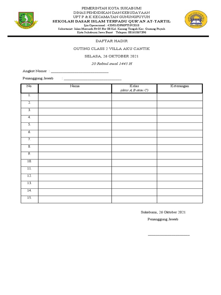 Absensi Outing Kelas 1 | PDF
