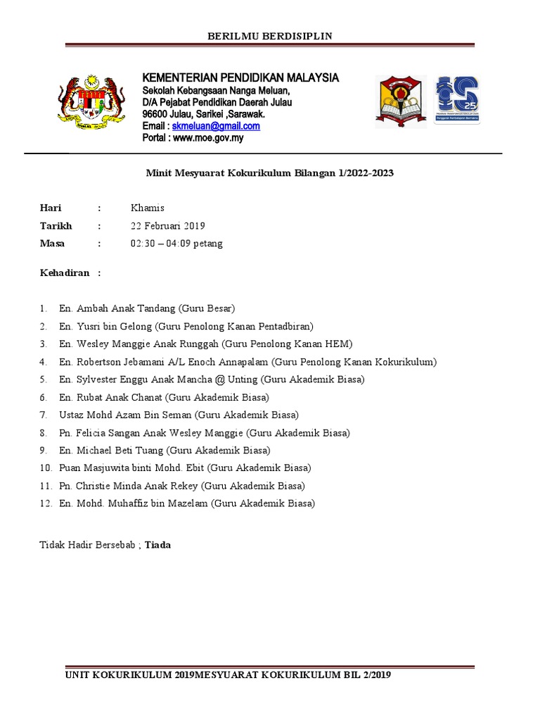 Contoh Minit Mesyuarat Kokurikulum Bil. 1-2022-2023 | PDF
