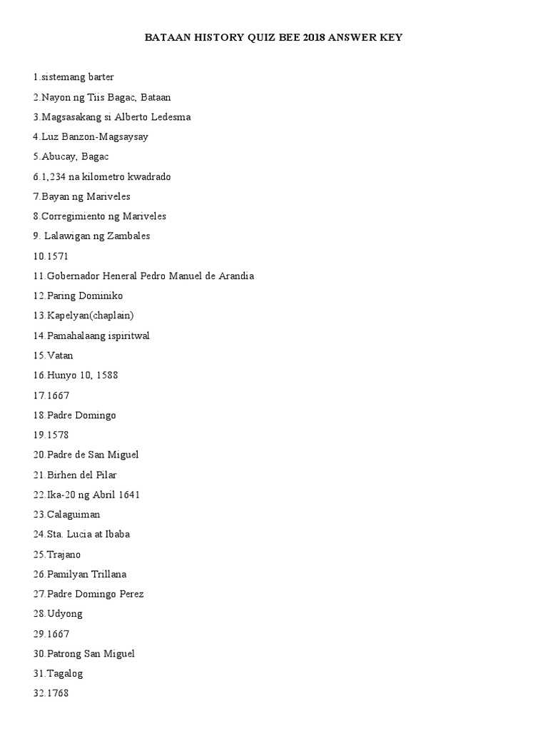 Bataan History Quiz Bee 2018 Answer Key | PDF