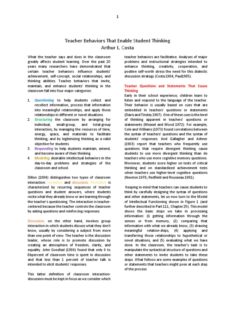 5 Costa - Teacher Behaviors That Enable Student Thinking | PDF ...