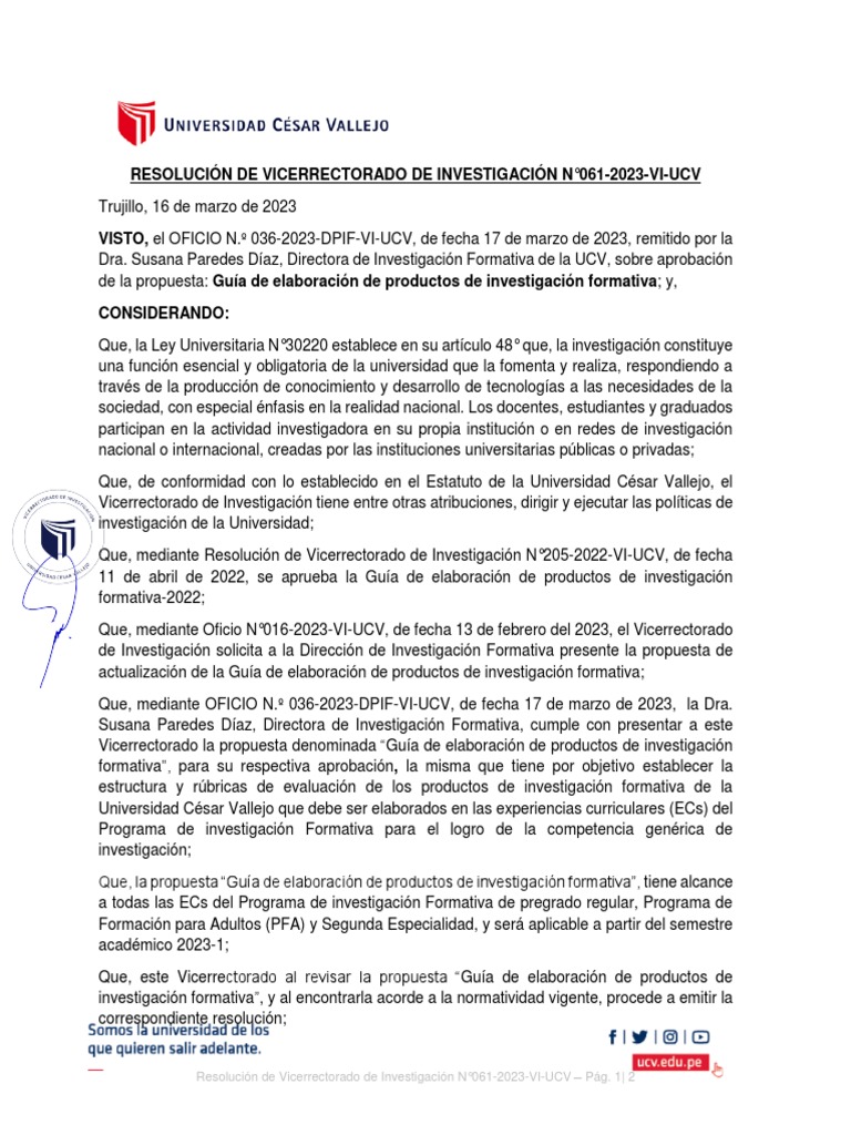 RVI N°061-2023-VI-UCV Aprueba Guía de Elaboración de Productos de ...